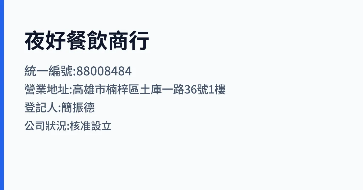夜好餐飲商行 - 統編 88008484(高雄市) 公司登記資料與營業項目詳細圖表