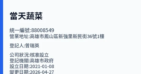 當天蔬菜的照片-統編 88008549(高雄市) 公司登記資料與營業項目詳細圖表