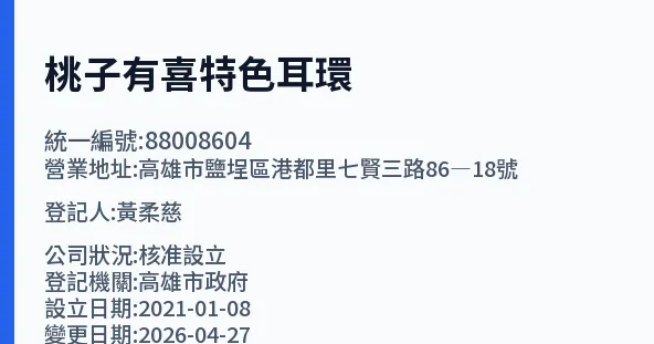 桃子有喜特色耳環的照片-統編 88008604(高雄市) 公司登記資料與營業項目詳細圖表