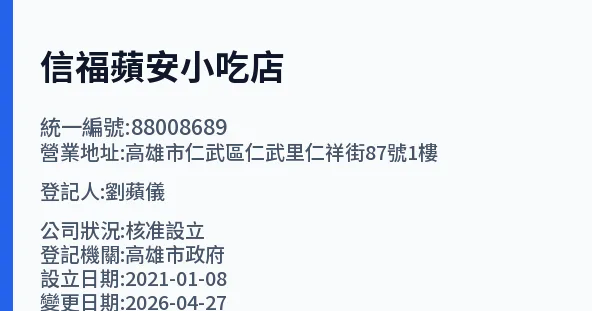 信福蘋安小吃店的照片-統編 88008689(高雄市) 公司登記資料與營業項目詳細圖表
