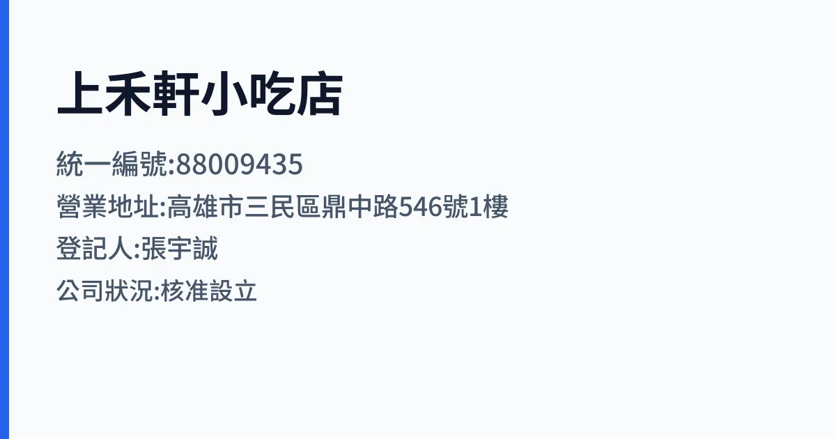 上禾軒小吃店 - 統編 88009435(高雄市) 公司登記資料與營業項目詳細圖表