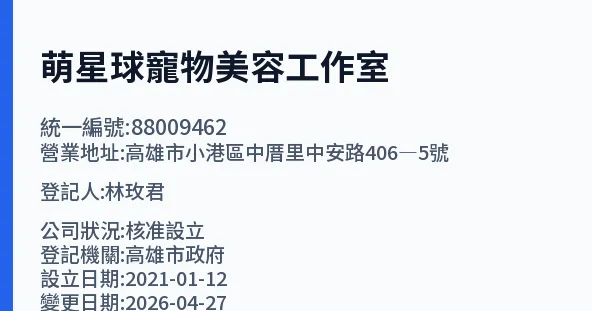 萌星球寵物美容工作室的照片-統編 88009462(高雄市) 公司登記資料與營業項目詳細圖表