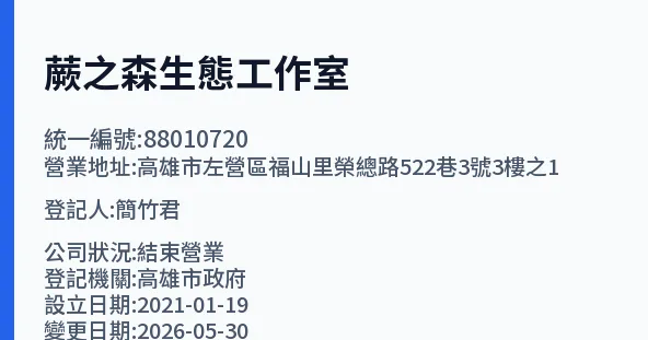 蕨之森生態工作室的照片-統編 88010720(高雄市) 公司登記資料與營業項目詳細圖表