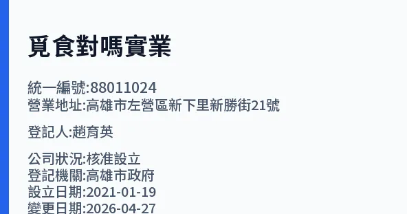 覓食對嗎實業的照片-統編 88011024(高雄市) 公司登記資料與營業項目詳細圖表