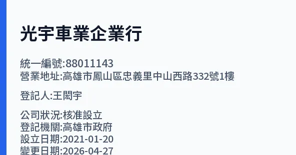 光宇車業企業行的照片-統編 88011143(高雄市) 公司登記資料與營業項目詳細圖表