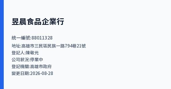 昱晨食品企業行的照片-統編 88011328(高雄市) 公司登記資料與營業項目詳細圖表