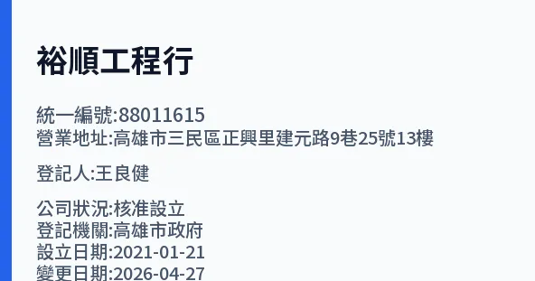 裕順工程行的照片-統編 88011615(高雄市) 公司登記資料與營業項目詳細圖表