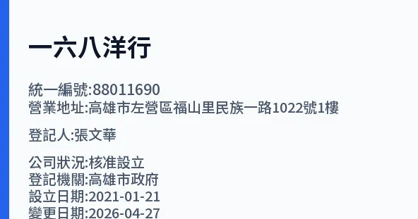一六八洋行的照片-統編 88011690(高雄市) 公司登記資料與營業項目詳細圖表