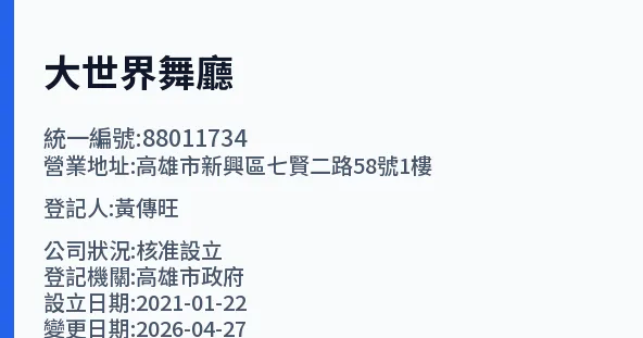 大世界舞廳的照片-統編 88011734(高雄市) 公司登記資料與營業項目詳細圖表