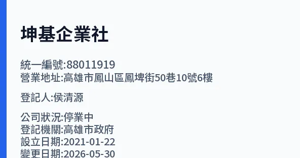 坤基企業社的照片-統編 88011919(高雄市) 公司登記資料與營業項目詳細圖表