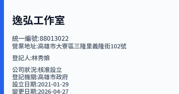 逸弘工作室的照片-統編 88013022(高雄市) 公司登記資料與營業項目詳細圖表