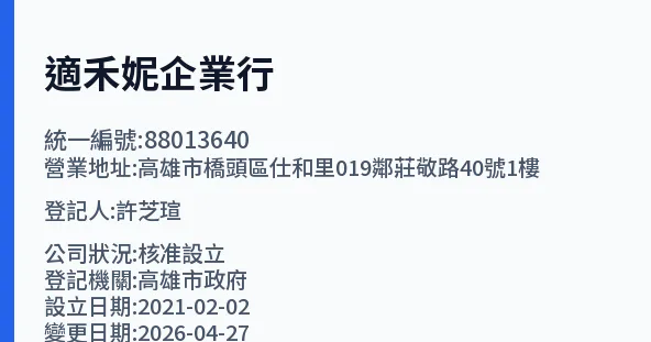 適禾妮企業行的照片-統編 88013640(高雄市) 公司登記資料與營業項目詳細圖表