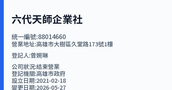 六代天師企業社的照片-統編 88014660(高雄市) 公司登記資料與營業項目詳細圖表