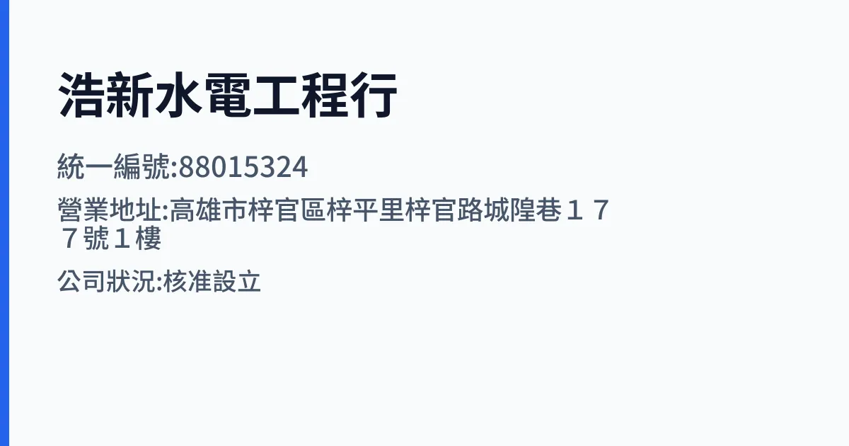 浩新水電工程行 - 統編 88015324(高雄市) 公司登記資料與營業項目詳細圖表