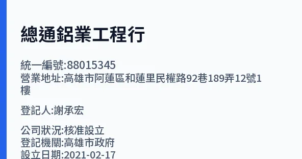總通鋁業工程行的照片-統編 88015345(高雄市) 公司登記資料與營業項目詳細圖表