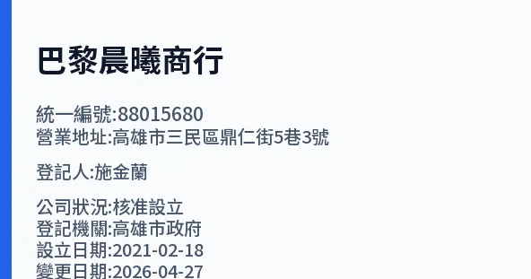 巴黎晨曦商行的照片-統編 88015680(高雄市) 公司登記資料與營業項目詳細圖表