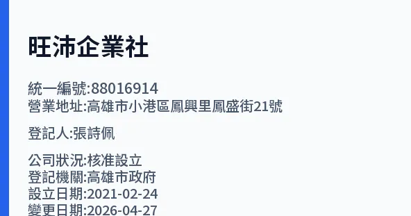 旺沛企業社的照片-統編 88016914(高雄市) 公司登記資料與營業項目詳細圖表