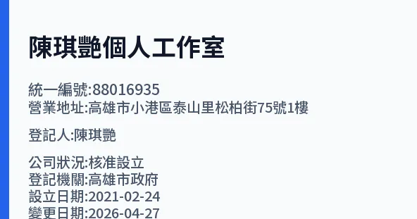 陳琪艷個人工作室的照片-統編 88016935(高雄市) 公司登記資料與營業項目詳細圖表