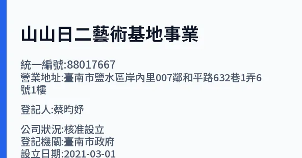 山山日二藝術基地事業的照片-統編 88017667(臺南市) 公司登記資料與營業項目詳細圖表