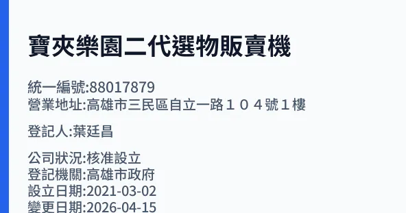 寶夾樂園二代選物販賣機的照片-統編 88017879(高雄市) 公司登記資料與營業項目詳細圖表