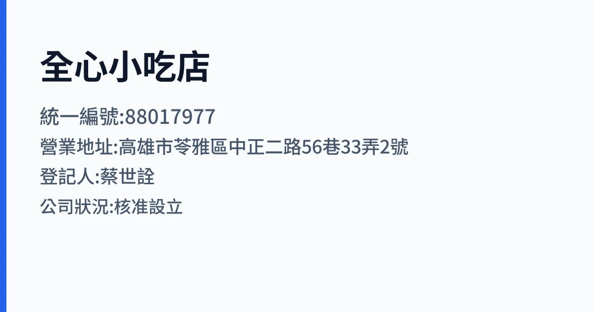 全心小吃店 - 統編 88017977(高雄市) 公司登記資料與營業項目詳細圖表