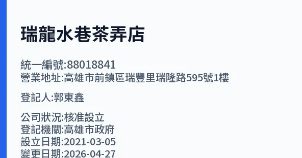 瑞龍水巷茶弄店的照片-統編 88018841(高雄市) 公司登記資料與營業項目詳細圖表