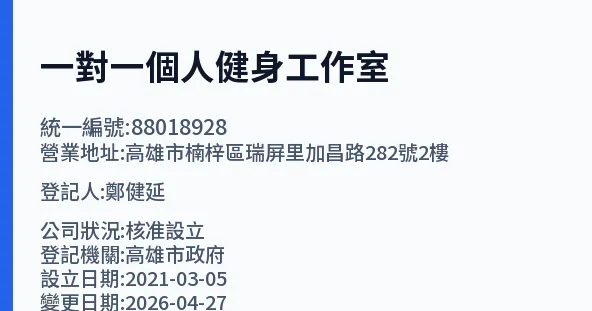 一對一個人健身工作室的照片-統編 88018928(高雄市) 公司登記資料與營業項目詳細圖表