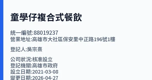童學仔複合式餐飲的照片-統編 88019237(高雄市) 公司登記資料與營業項目詳細圖表