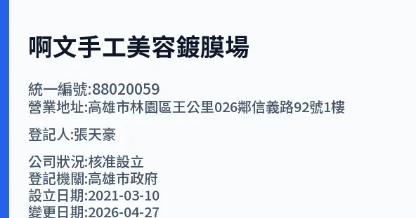 啊文手工美容鍍膜場的照片-統編 88020059(高雄市) 公司登記資料與營業項目詳細圖表