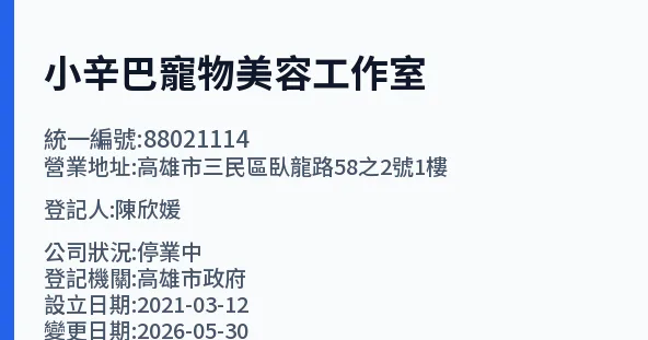 小辛巴寵物美容工作室的照片-統編 88021114(高雄市) 公司登記資料與營業項目詳細圖表
