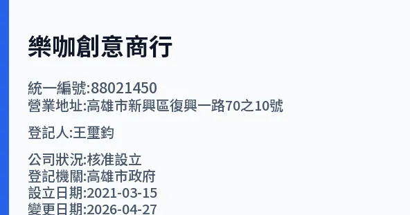 樂咖創意商行的照片-統編 88021450(高雄市) 公司登記資料與營業項目詳細圖表