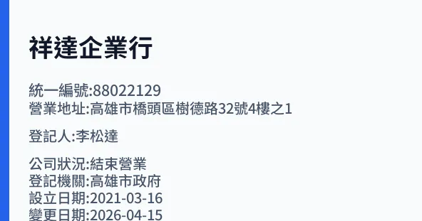 祥達企業行的照片-統編 88022129(高雄市) 公司登記資料與營業項目詳細圖表