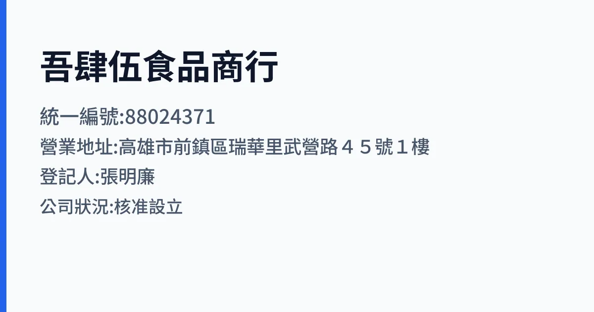 吾肆伍食品商行 - 統編 88024371（高雄市） 公司登記資料與營業項目詳細圖表