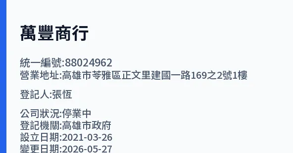 萬豐商行的照片-統編 88024962(高雄市) 公司登記資料與營業項目詳細圖表