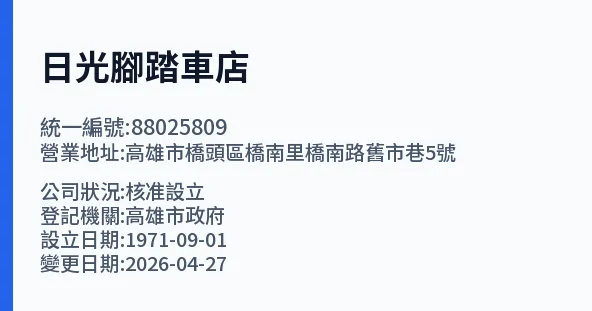 日光腳踏車店的照片-統編 88025809(高雄市) 公司登記資料與營業項目詳細圖表