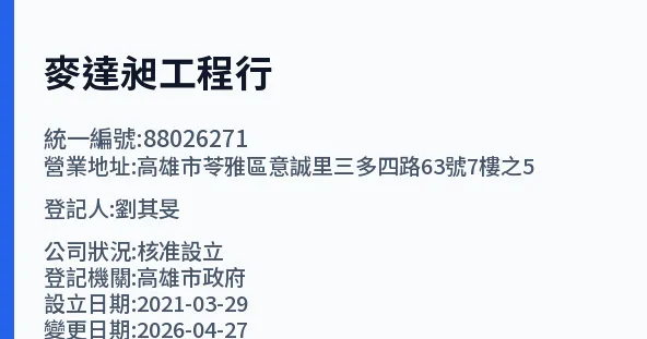 麥達昶工程行的照片-統編 88026271(高雄市) 公司登記資料與營業項目詳細圖表