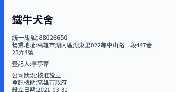 鐵牛犬舍的照片-統編 88026650(高雄市) 公司登記資料與營業項目詳細圖表