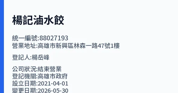 楊記滷水餃的照片-統編 88027193(高雄市) 公司登記資料與營業項目詳細圖表