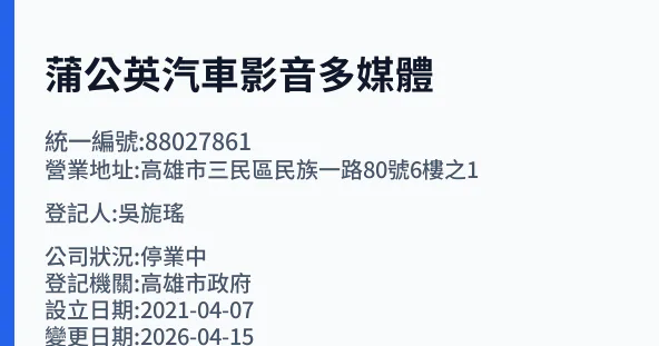 蒲公英汽車影音多媒體的照片-統編 88027861(高雄市) 公司登記資料與營業項目詳細圖表