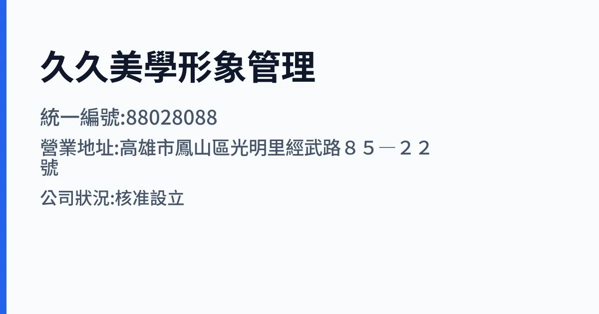 久久美學形象管理 - 統編 88028088(高雄市) 公司登記資料與營業項目詳細圖表