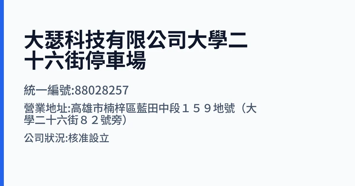 大瑟科技有限公司大學二十六街停車場 - 統編 88028257(高雄市) 公司登記資料與營業項目詳細圖表