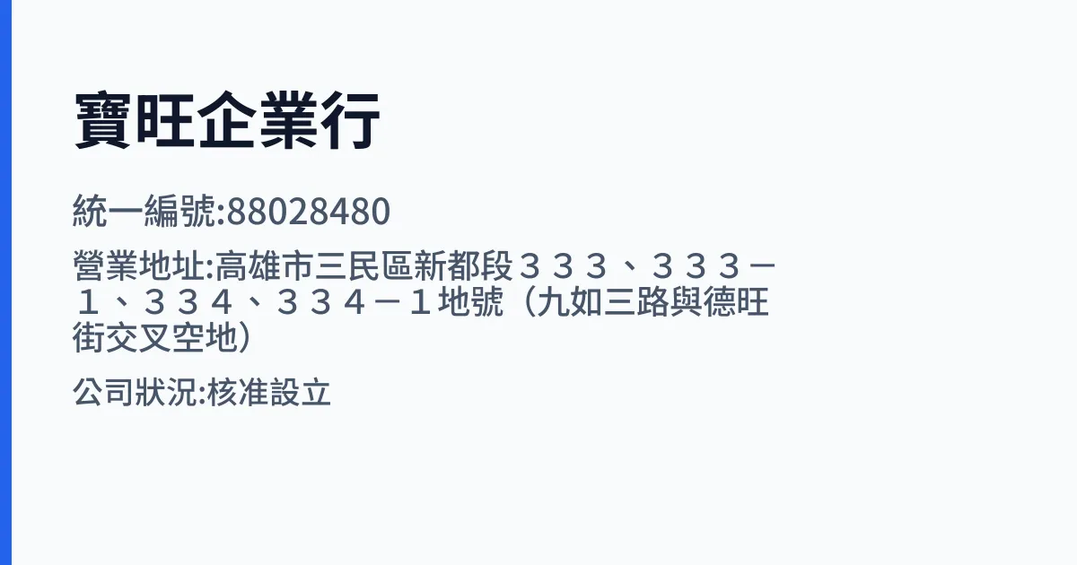 寶旺企業行 - 統編 88028480(高雄市) 公司登記資料與營業項目詳細圖表