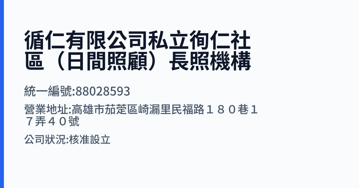 循仁有限公司私立徇仁社區（日間照顧）長照機構 - 統編 88028593(高雄市) 公司登記資料與營業項目詳細圖表