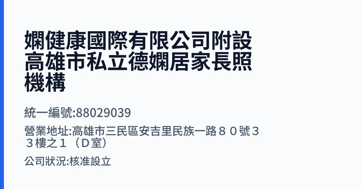 嫻健康國際有限公司附設高雄市私立德嫻居家長照機構 - 統編 88029039(高雄市) 公司登記資料與營業項目詳細圖表