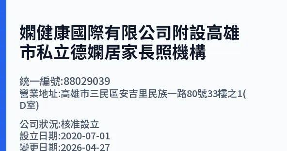 嫻健康國際有限公司附設高雄市私立德嫻居家長照機構的照片-統編 88029039(高雄市) 公司登記資料與營業項目詳細圖表