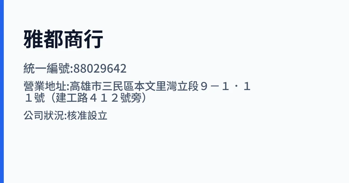 雅都商行 - 統編 88029642(高雄市) 公司登記資料與營業項目詳細圖表