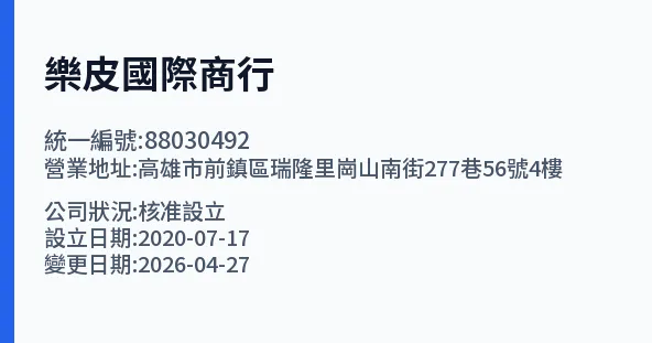 樂皮國際商行的照片-統編 88030492(高雄市) 公司登記資料與營業項目詳細圖表