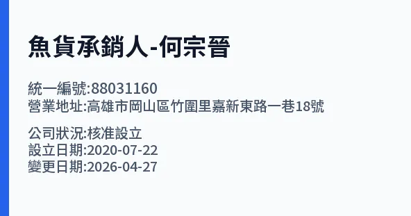 魚貨承銷人-何宗晉的照片-統編 88031160(高雄市) 公司登記資料與營業項目詳細圖表