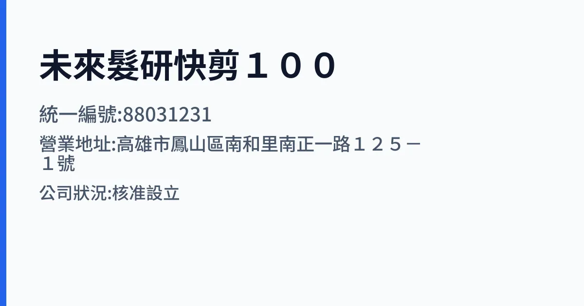 未來髮研快剪100 - 統編 88031231(高雄市) 公司登記資料與營業項目詳細圖表