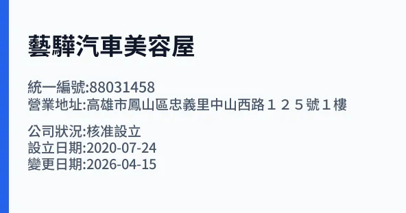 藝驊汽車美容屋的照片-統編 88031458(高雄市) 公司登記資料與營業項目詳細圖表